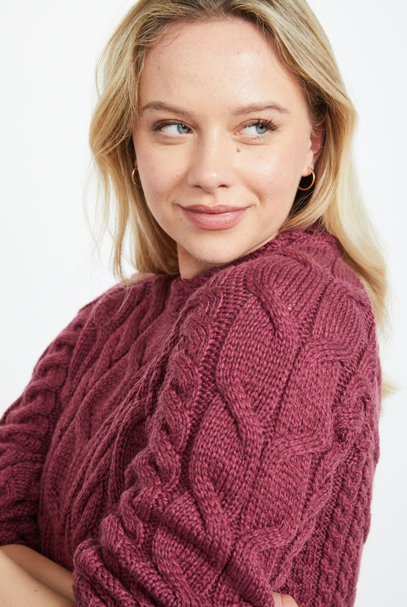 Listowel Ladies Aran Cabled Sweater - Raspberry – Skellig Gift Store