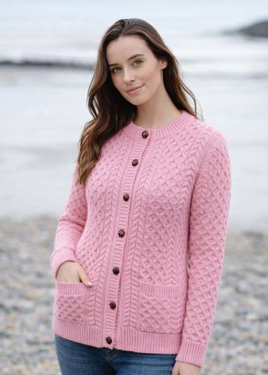 Women's Aran Merino Wool Cardigan Rose Pink | Irish Made