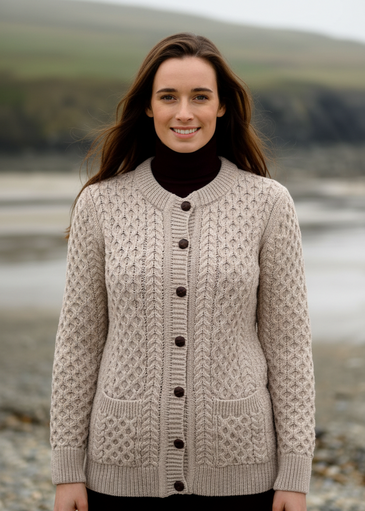 Aran Merino Wool Cardigan Parsnip | Irish Cable Knit | Skellig Gift Store