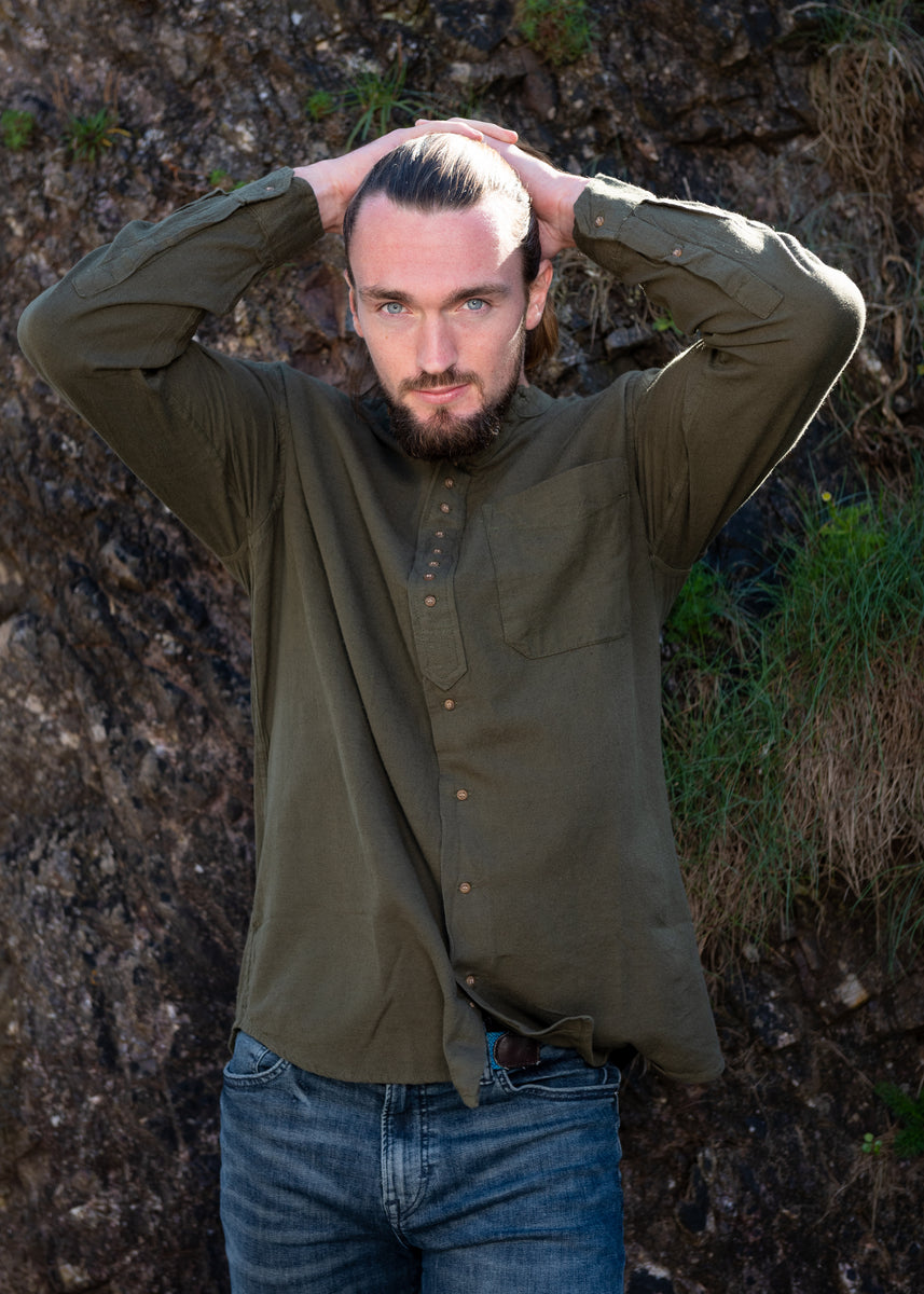 Dark Army Green Grandfather Shirt The Skellig Gift Store dark-army-green-grandfather-shirt-the-skellig-gift-store