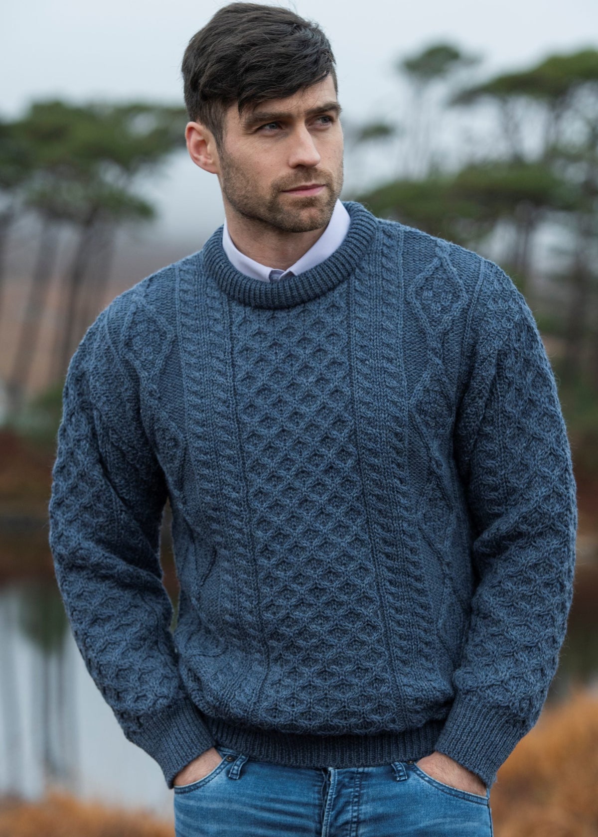 Inis Mor Aran Sweater Denim Blue - 100% Irish Wool Crew Neck | Unisex